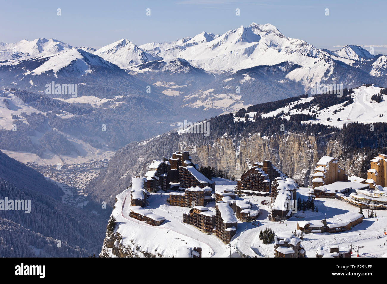 France, Haute Savoie, Avoriaz with a view of Morzine and the Roc d ...