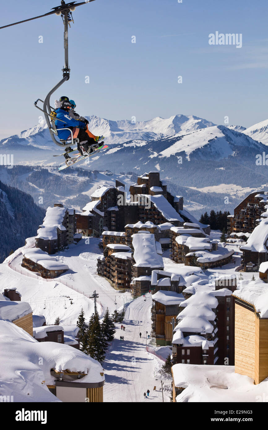 France, Haute Savoie, Avoriaz with a view of Morzine and the Roc d ...