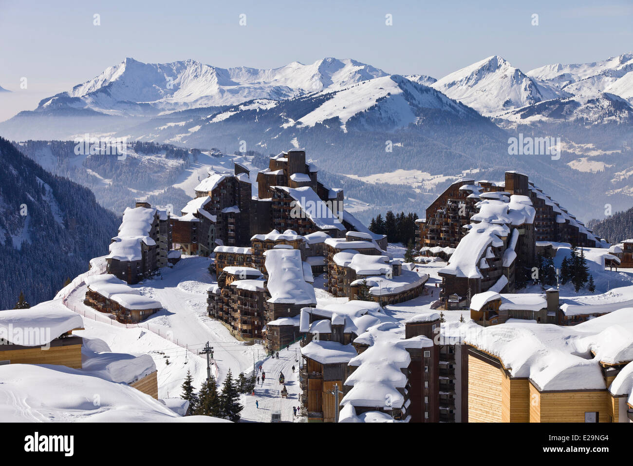 France, Haute Savoie, Avoriaz with a view of Morzine and the Roc d ...