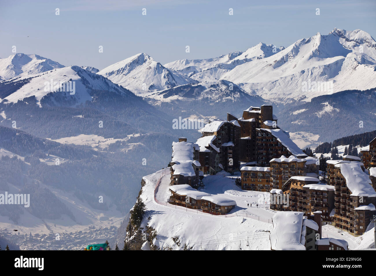 France, Haute Savoie, Avoriaz with a view of Morzine and the Roc d ...