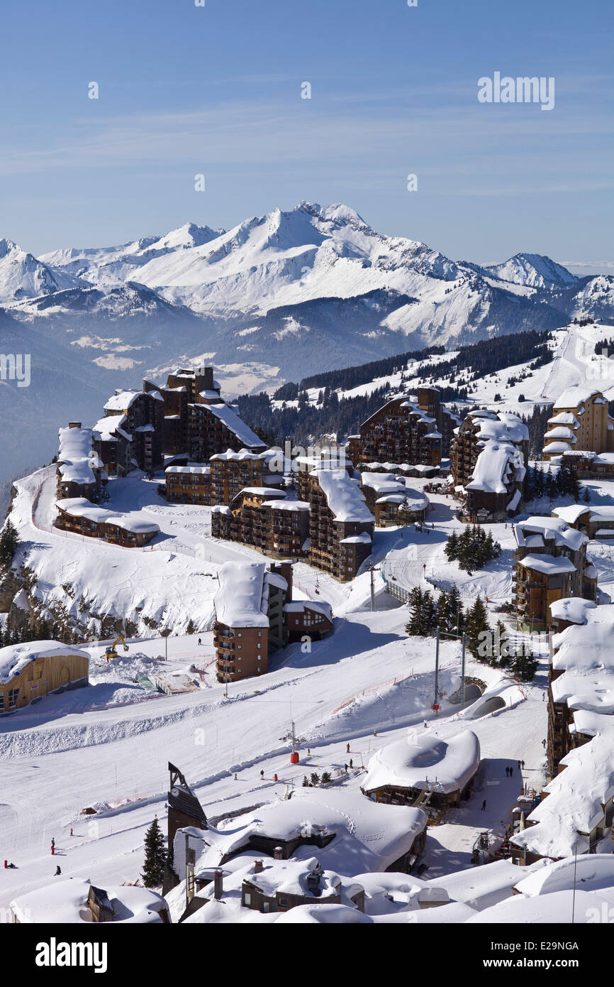 France, Haute Savoie, Avoriaz with a view of Morzine and the Roc d ...