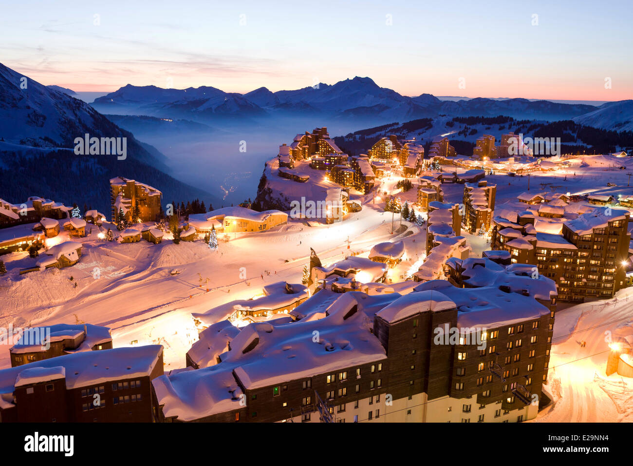 France, Haute Savoie, Avoriaz with a view of Morzine and the Roc d ...