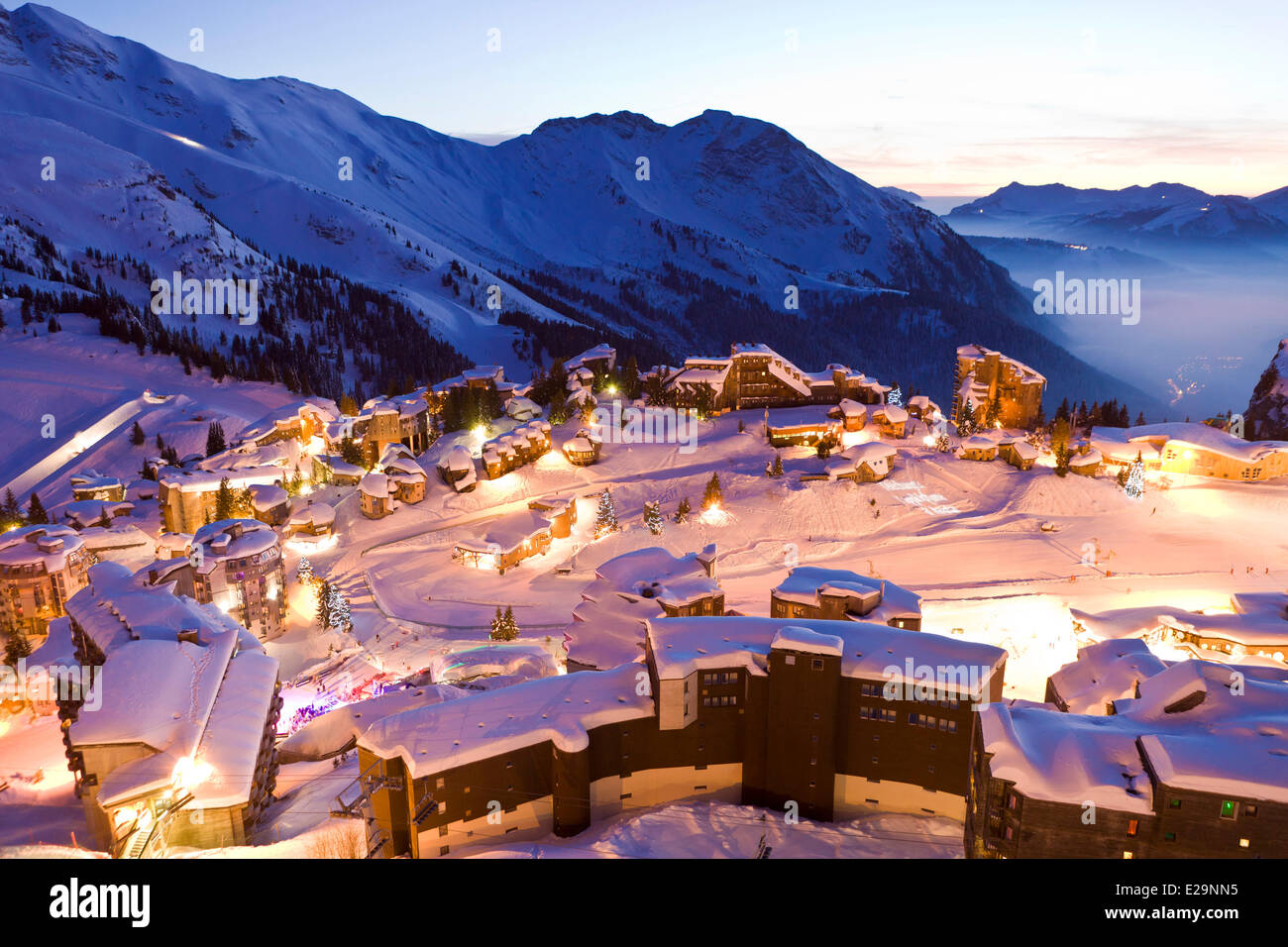 France, Haute Savoie, Avoriaz with a view of Morzine and the Roc d ...