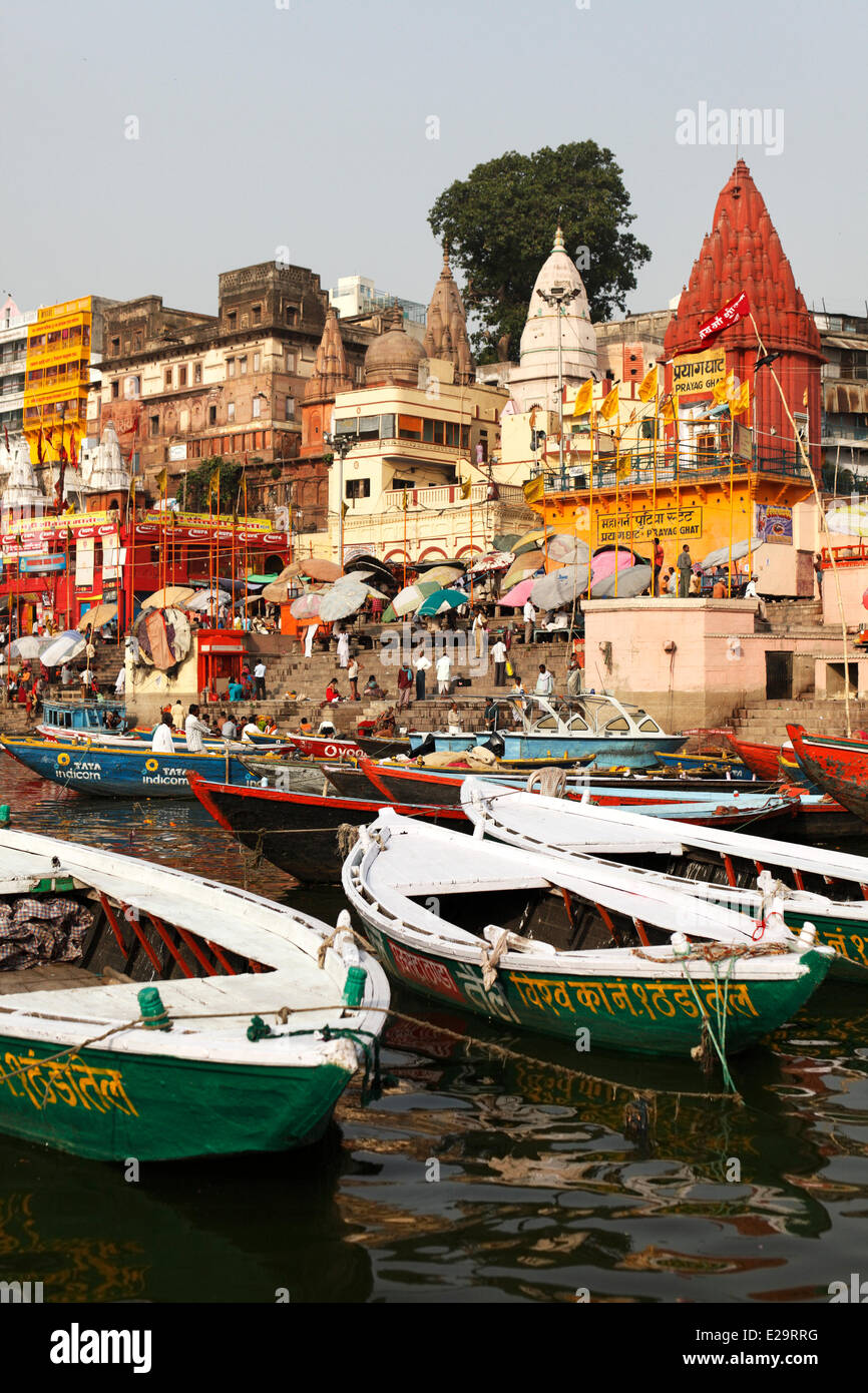 India, Uttar Pradesh State, Varanasi, rowboats over the Ganga (Ganges ...