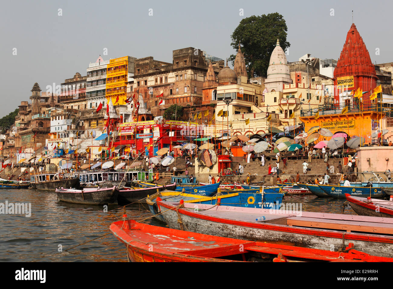 India, Uttar Pradesh State, Varanasi, rowboats over the Ganga (Ganges ...