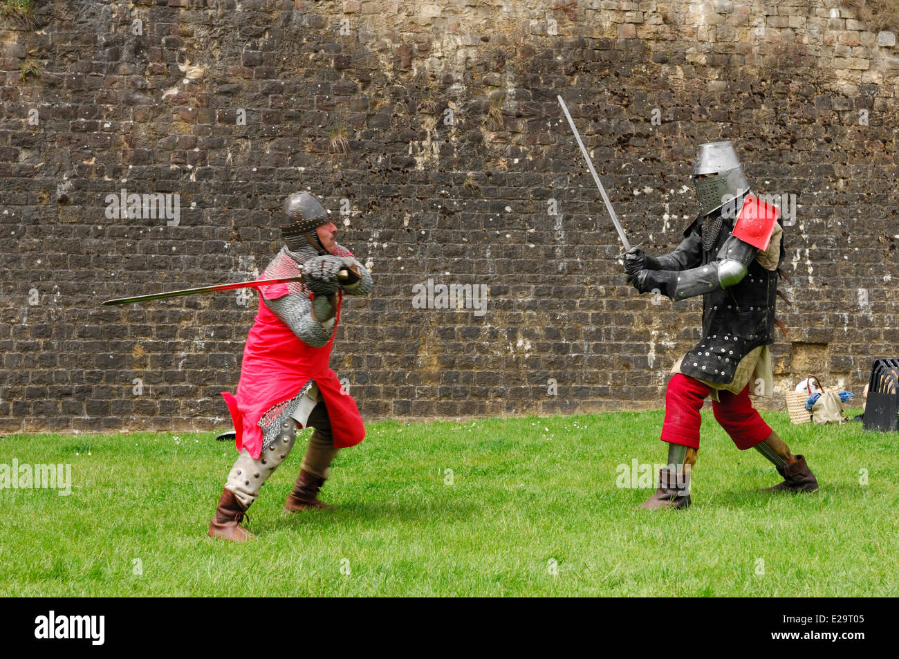 France, Ardennes, Sedan, medieval festival,two soldiers in armor ...