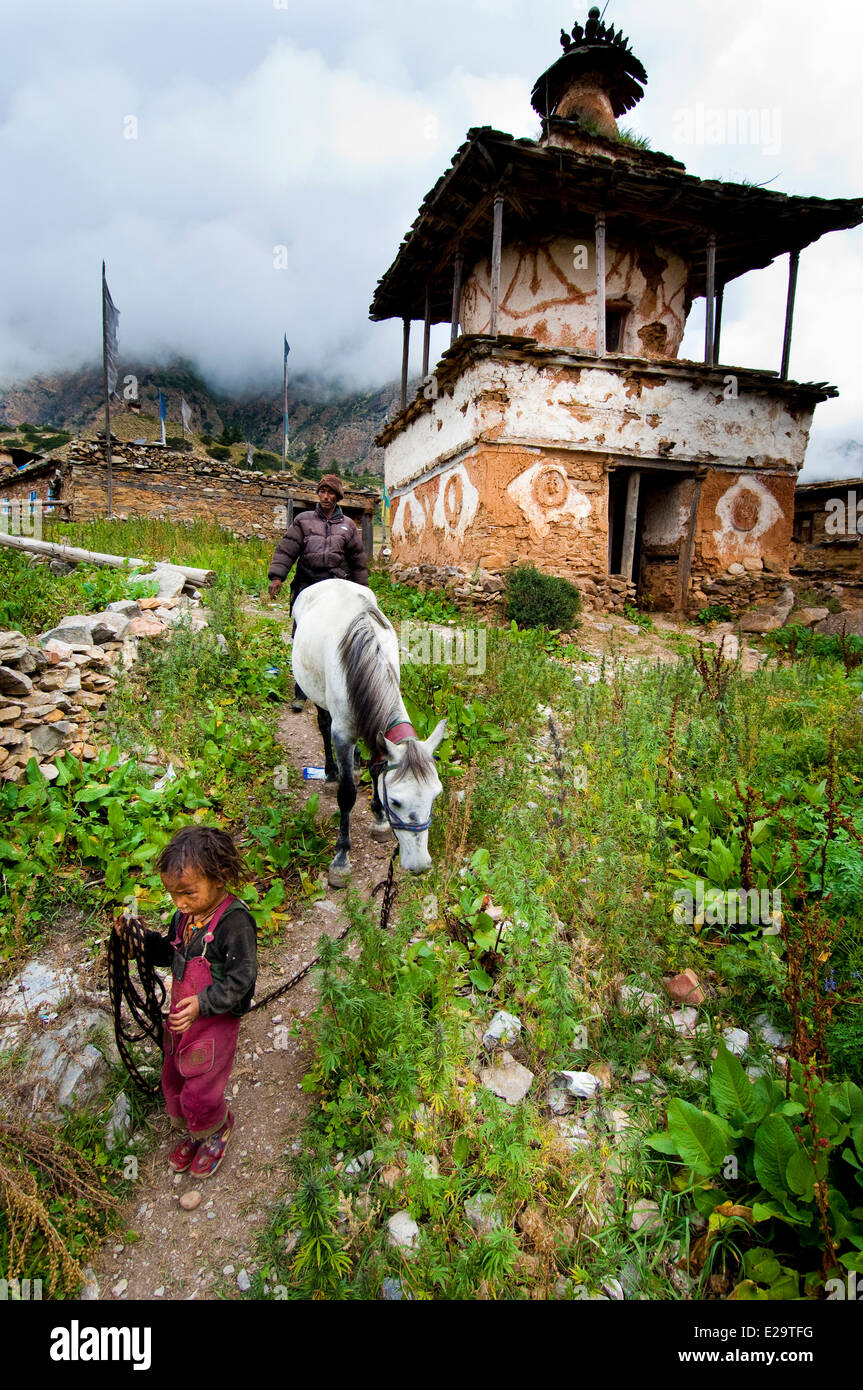 Nepal, Karnali Zone, Dolpo Region, Ringmo, child and his horse by a ...
