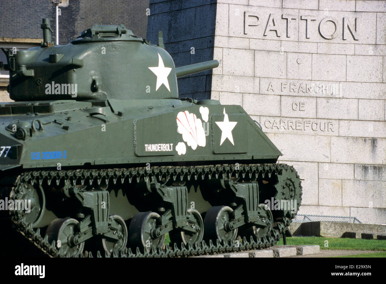 France, Manche, Avranches, tank in front of the monument to Patton ...