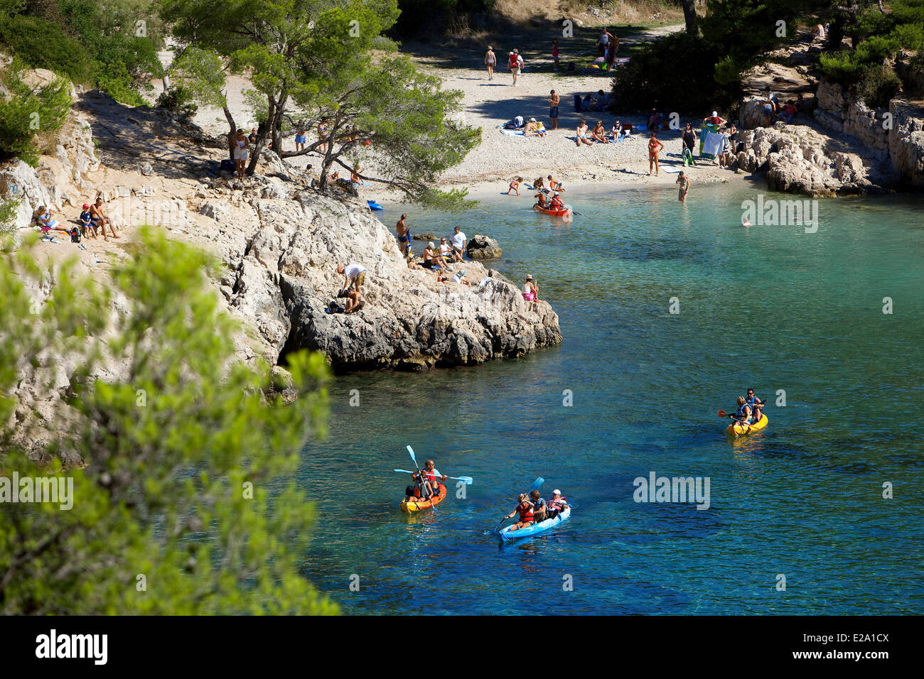 France, Bouches du Rhone, Cassis, Calanque de Port Pin, kayaking ...