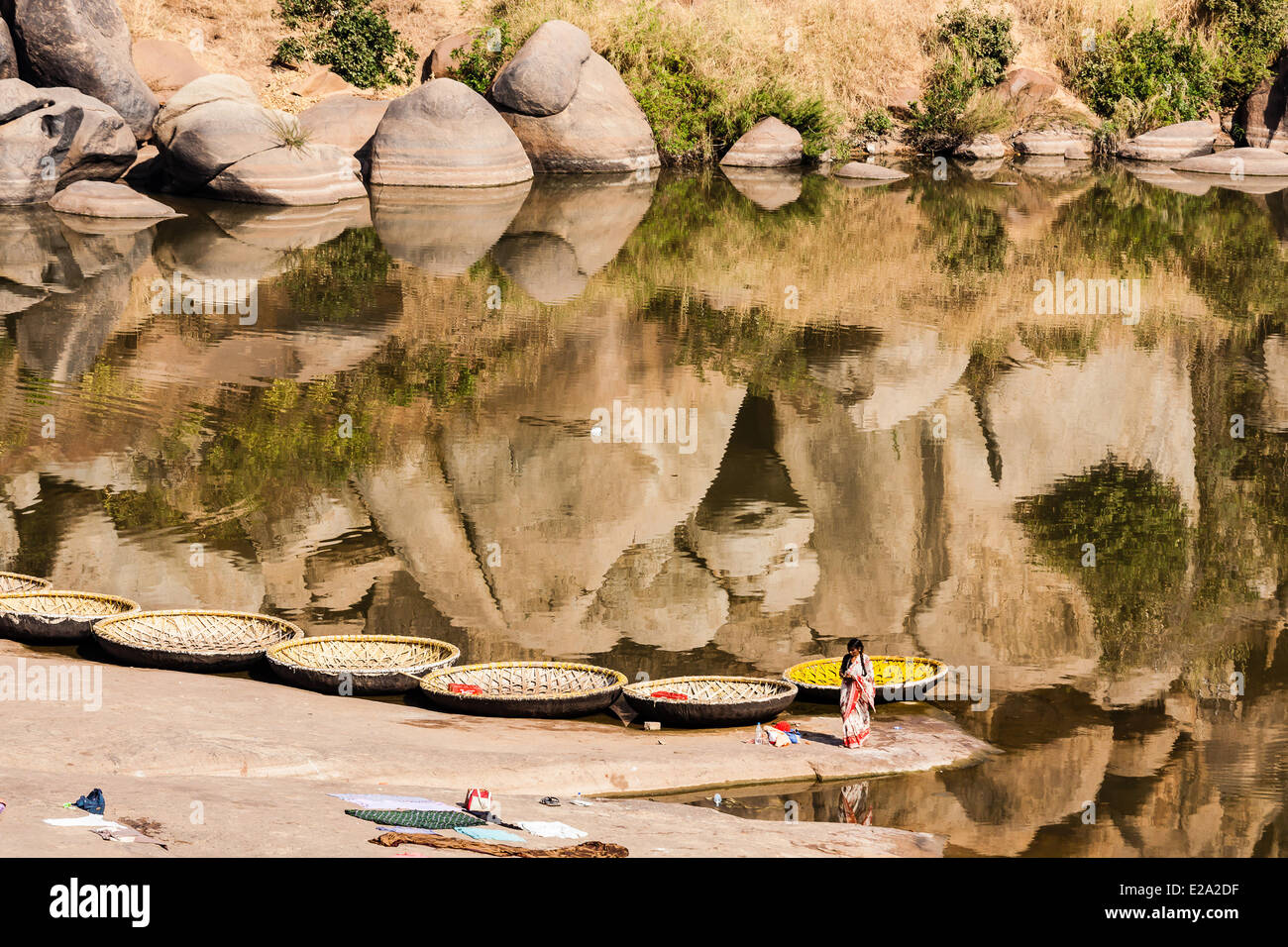 India, Karnataka state, Hampi, a round boat (coracle) on the ...