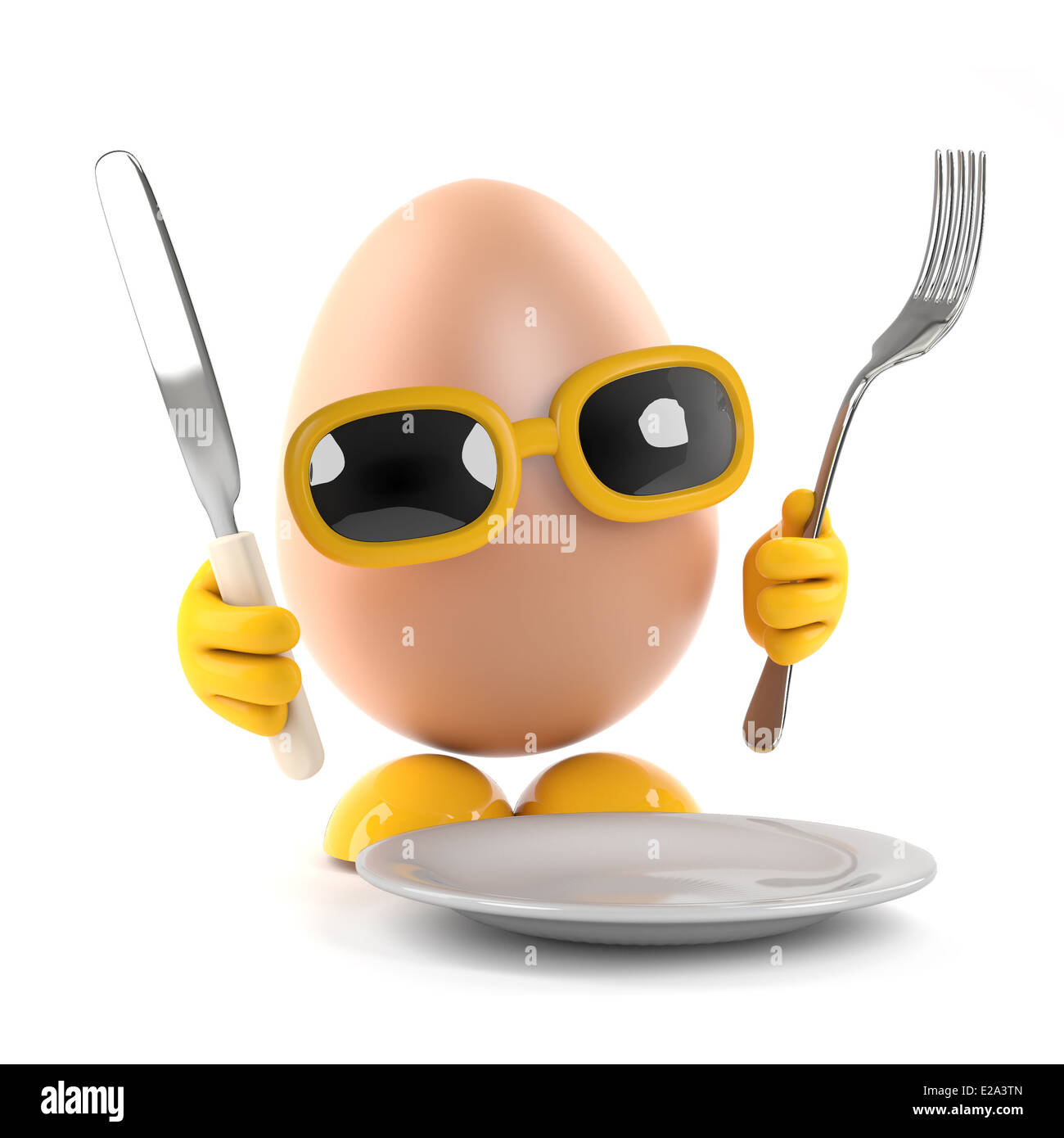 3d Egg person holds a knife and fork ready for dinner Stock Photo - Alamy