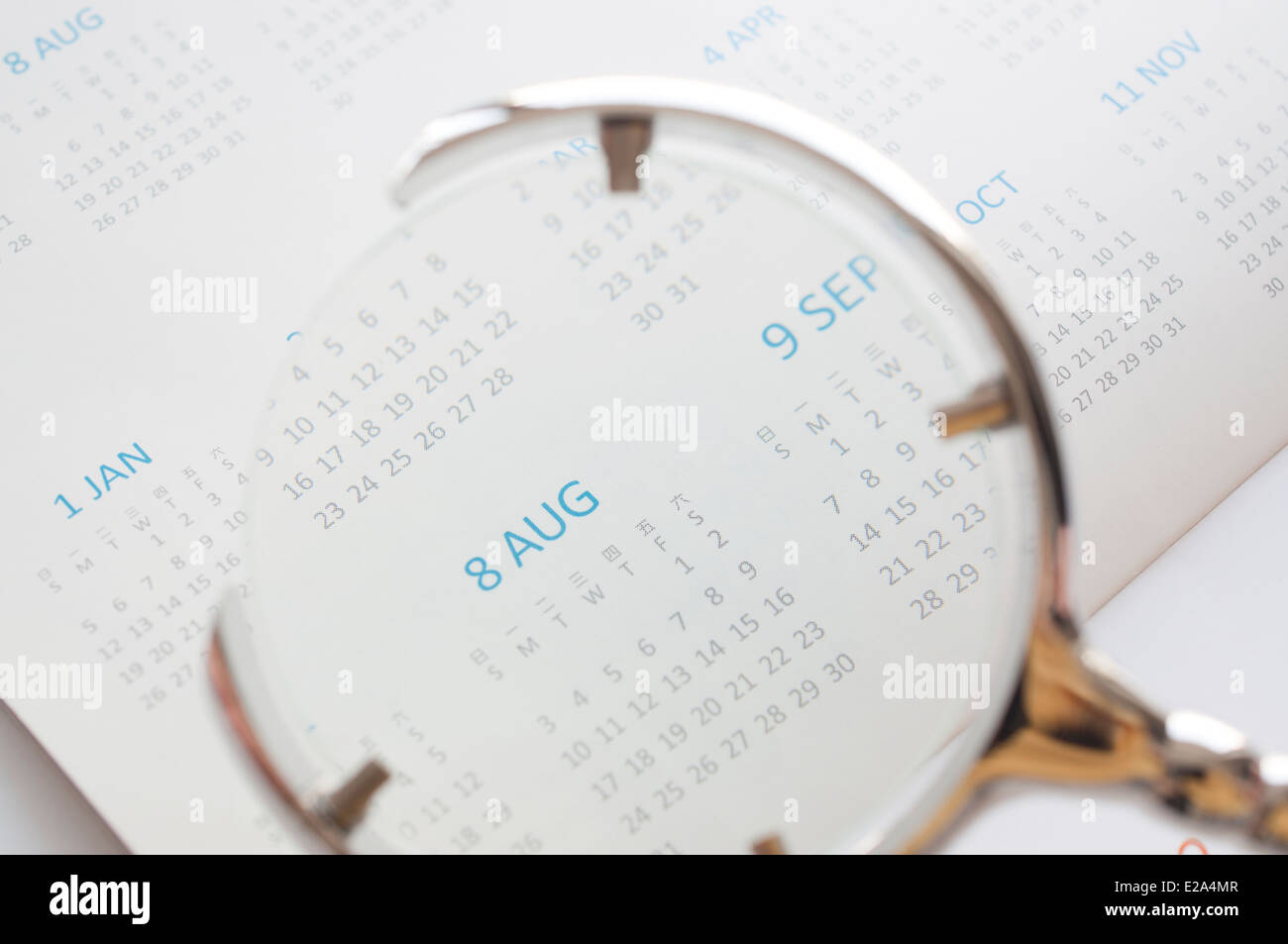 Hand holding magnifying glass to checking calendar of August Stock ...