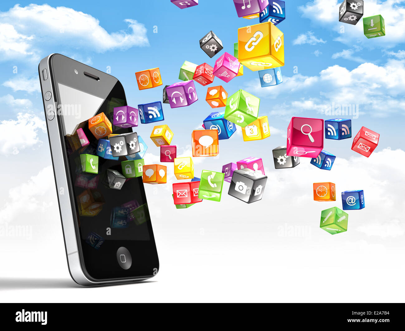 3d image of smartphone and flying cube icons Stock Photo - Alamy
