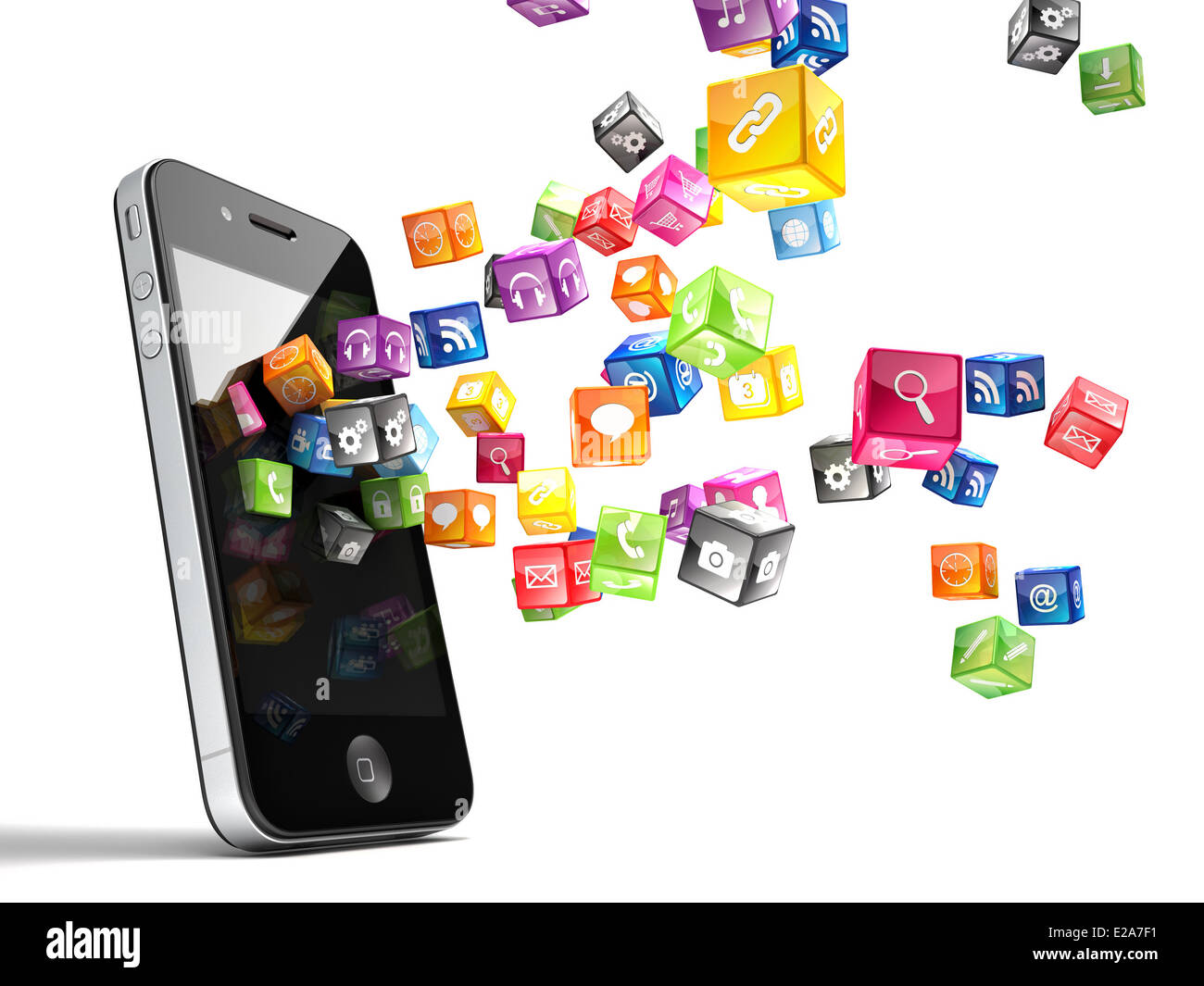 3d image of smartphone and flying cube icons Stock Photo - Alamy