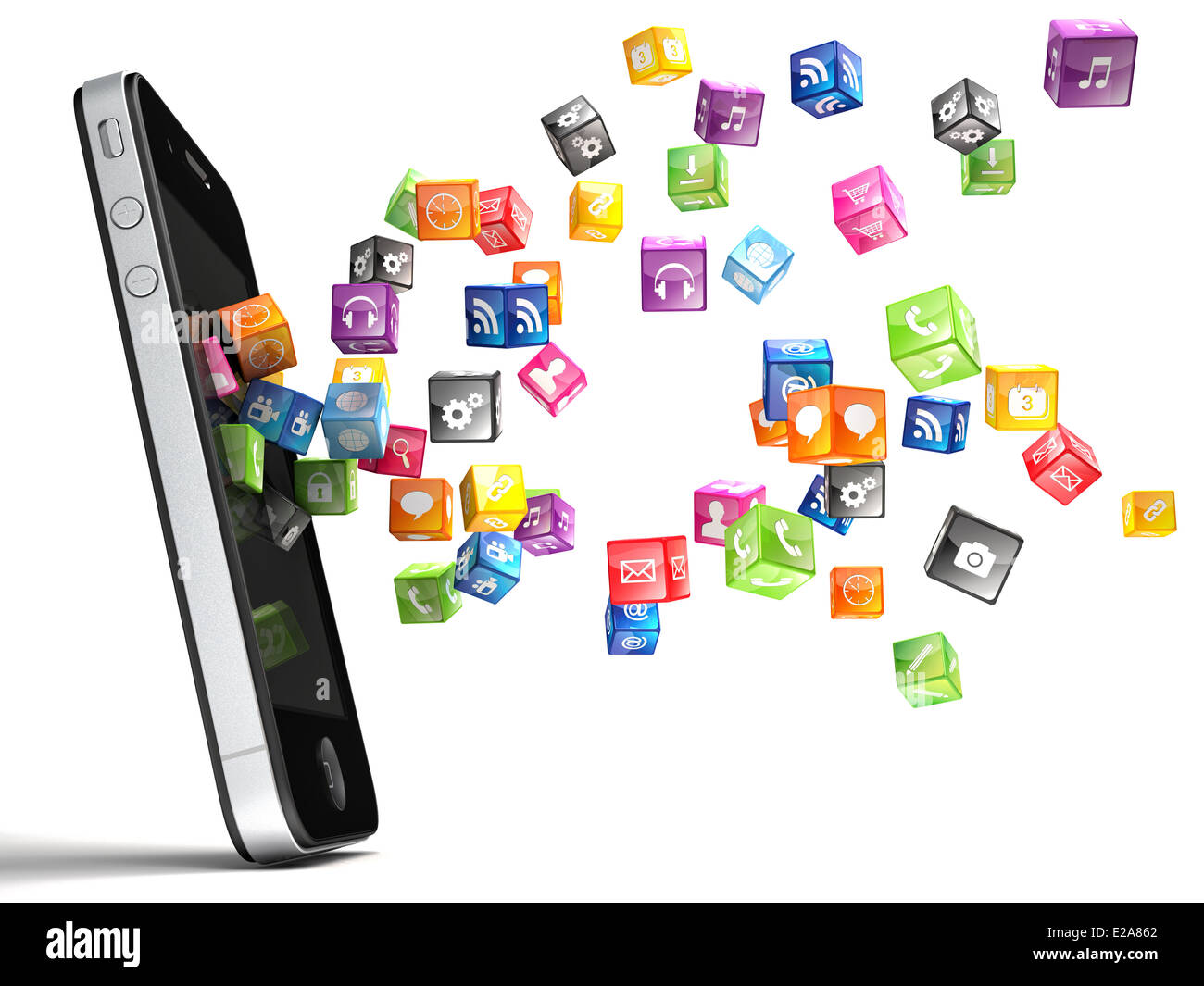 3d image of smartphone and flying cube icons Stock Photo - Alamy