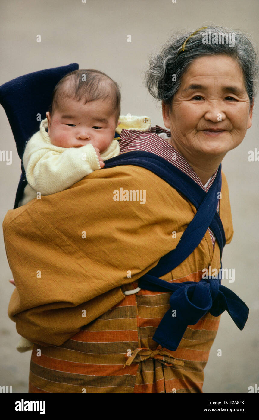 Japan, Honshu Island, Kanto Region, Nara, Grandmother and grandson ...