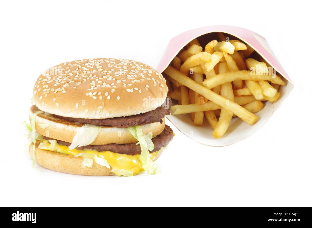 Double cheeseburger and french fries on white Stock Photo - Alamy