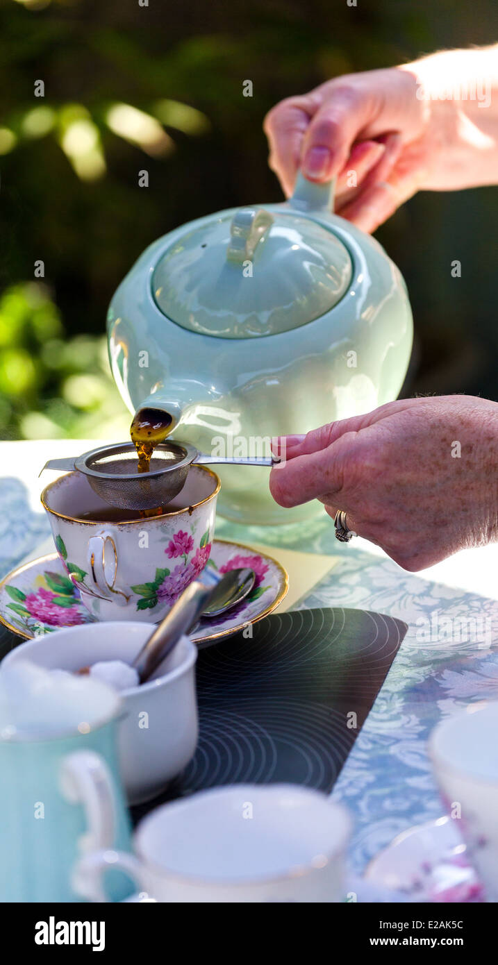 Enjoying afternoon tea. Woman pouring cup of tea at Ludham village ...