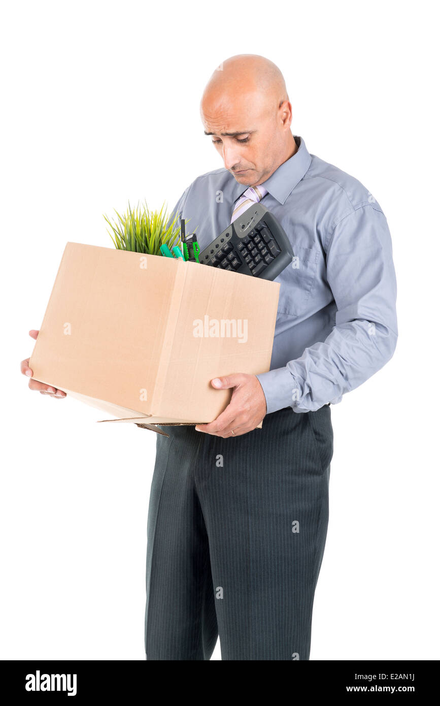 Fired worker with cardboard box with his belongings Stock Photo - Alamy
