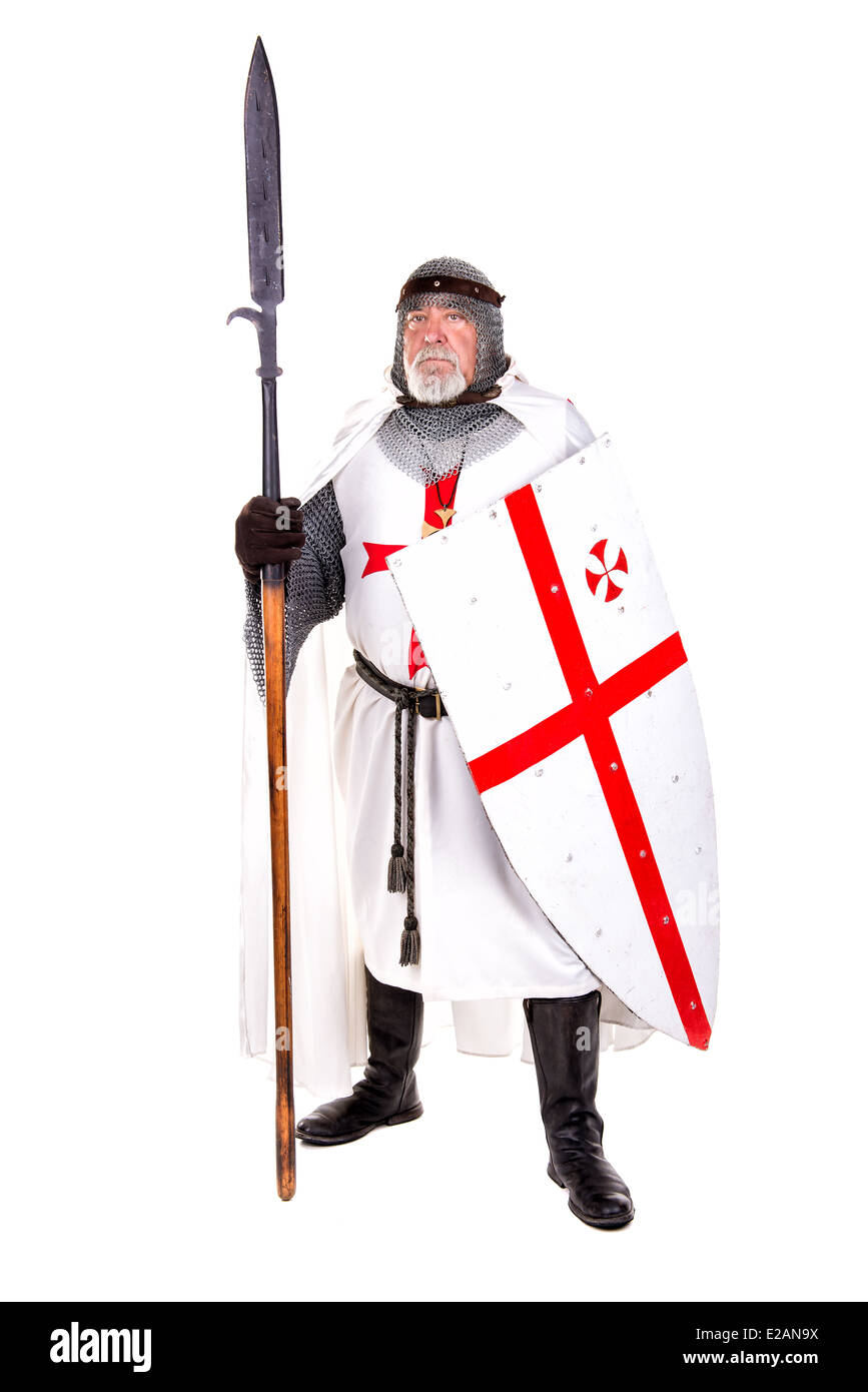 Knight Templar posing with shield and spear isolated in white Stock ...