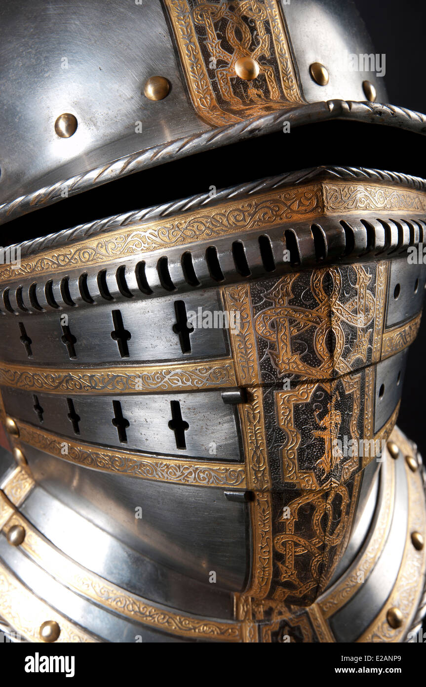 Iron helmet of the medieval knight. Very heavy headdress Stock Photo ...