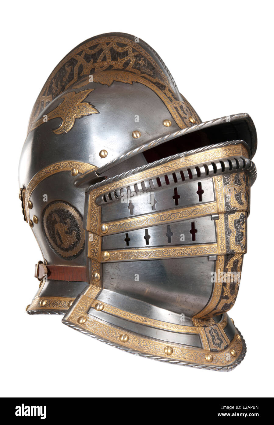 Iron helmet of the medieval knight. Very heavy headdress Stock Photo ...
