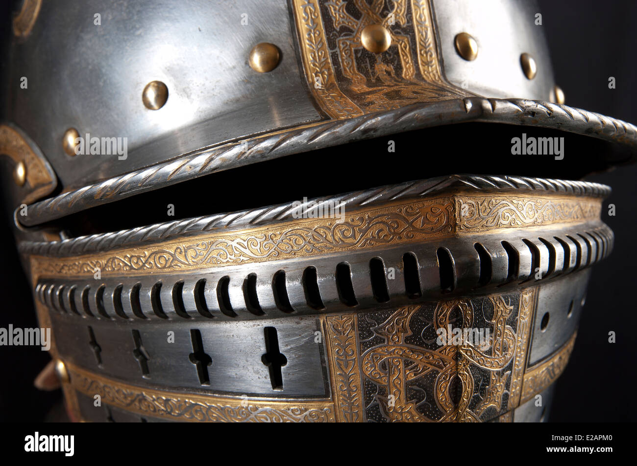 Iron helmet of the medieval knight. Very heavy headdress Stock Photo ...