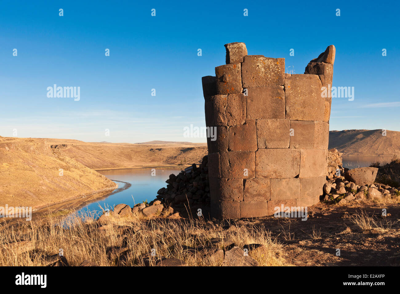 Peru, Puno Province, Chullpas de Sillustani, Inca necropole Stock Photo ...