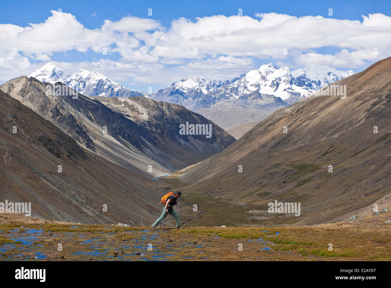 Peru, Cuzco Province, Ocongate region, hiker close to Ausangate (6372 m ...