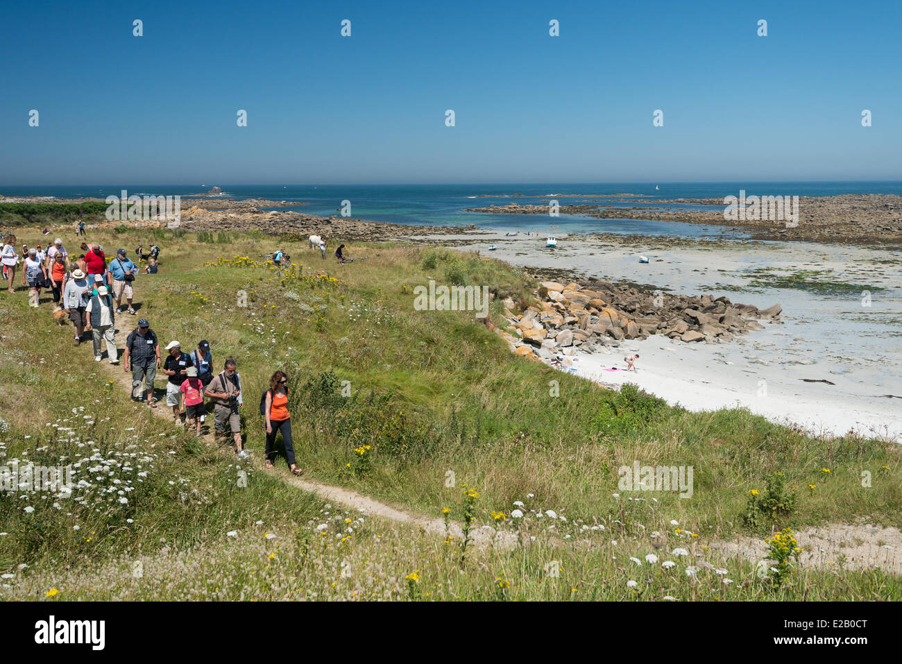 France, Finistere, Ile de Batz, hiking group on the Northern coast of ...