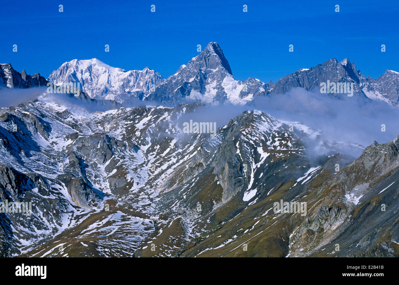 Switzerland, Mont Blanc Massif, pass of Grand Saint Bernard, panorama on the italian side of ...