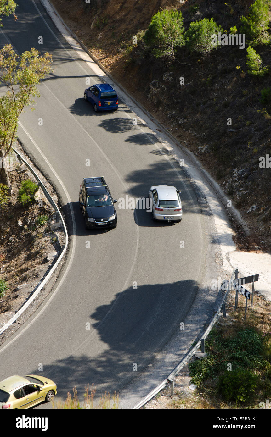 Spanish countryside dangerous winding road with crash barrier downwards ...