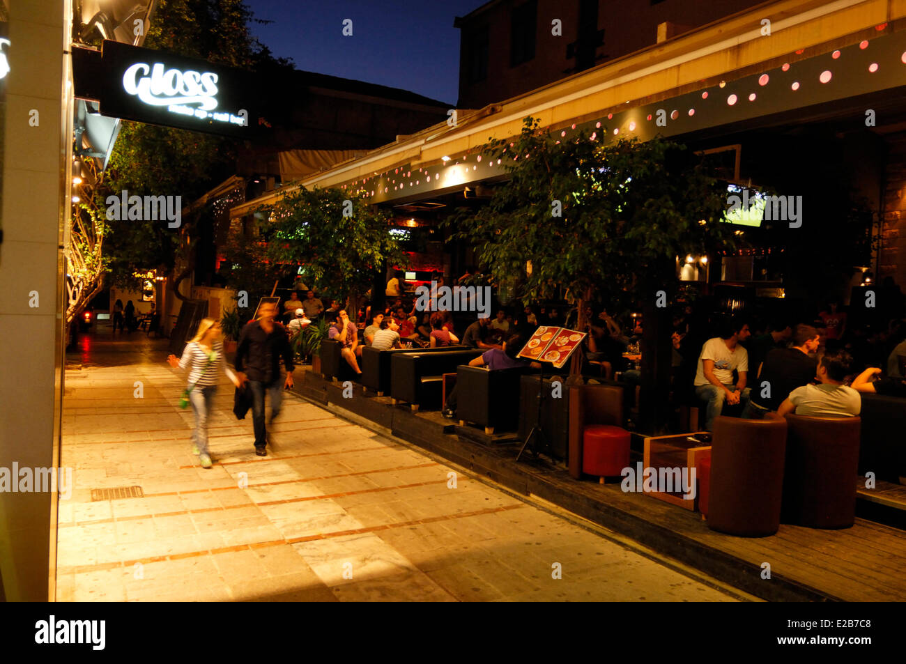 Greece, Crete, Heraklion, terrace in an alley downtown by night Stock ...
