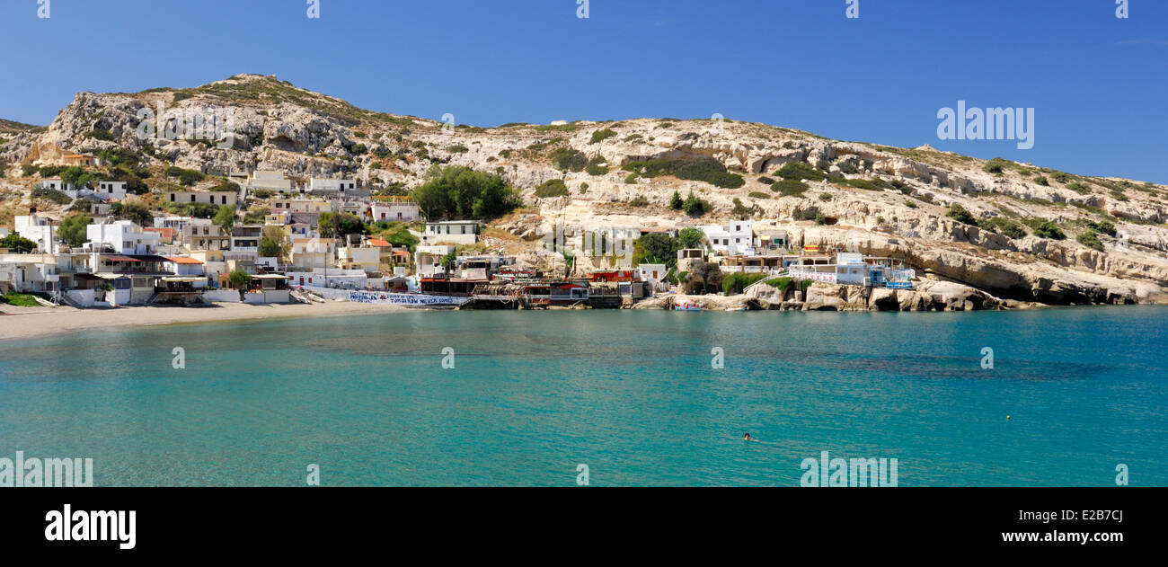 Greece, Crete, Matala, village and bay with turquoise waters Stock ...