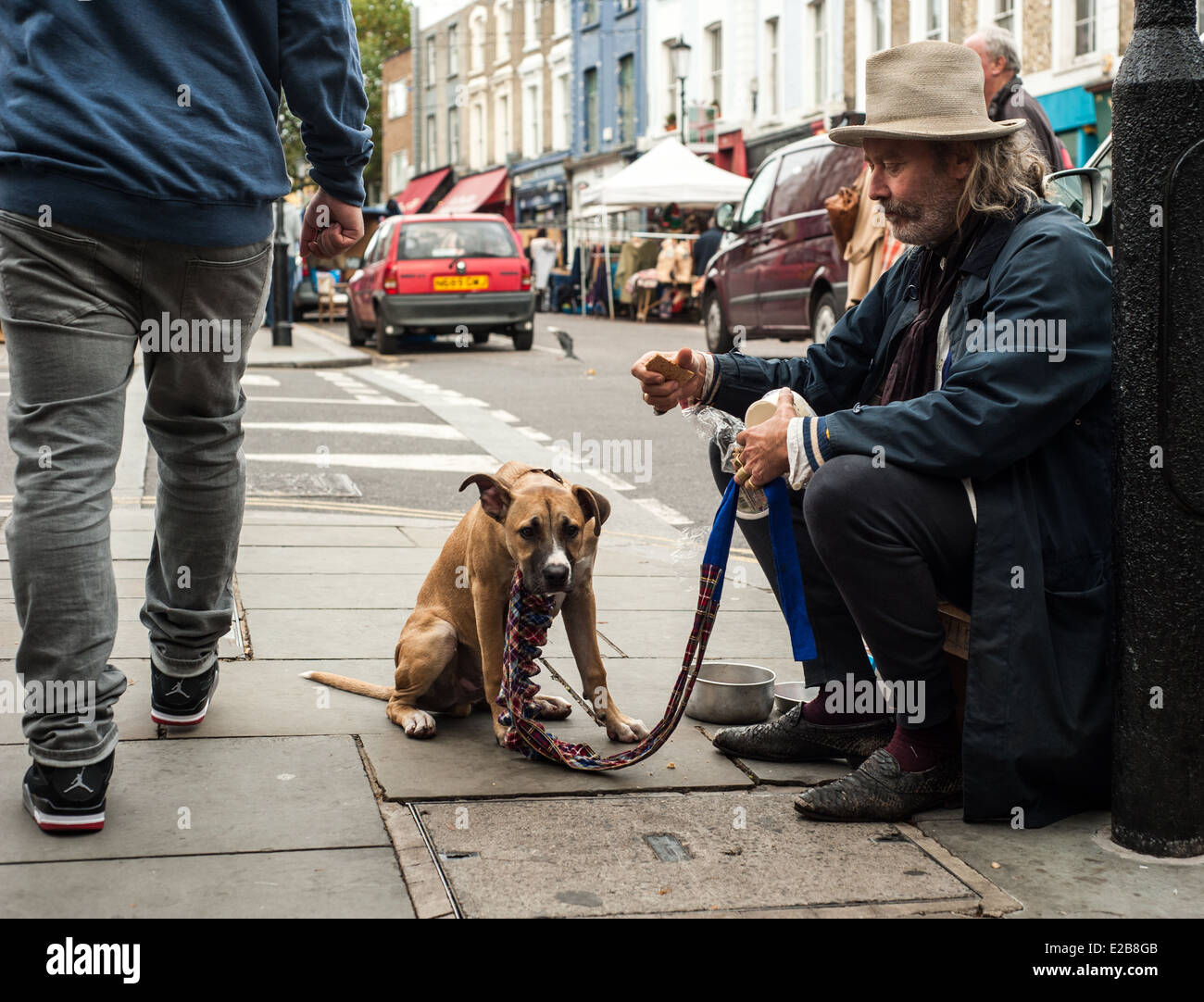 Man sitting on the side of the street with a sad looking dog and ...