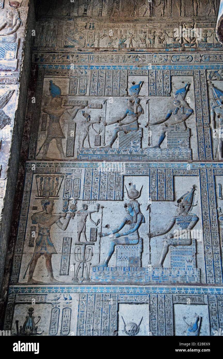 Details of Dendera Hathor Temple showing the newly cleaned walls Stock ...