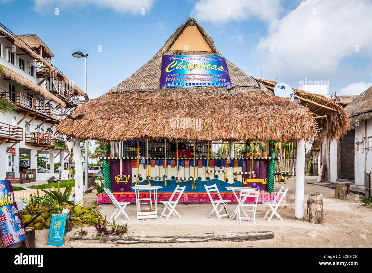 Beachside shops and stores in the village of Mahahual, Mexico Stock ...