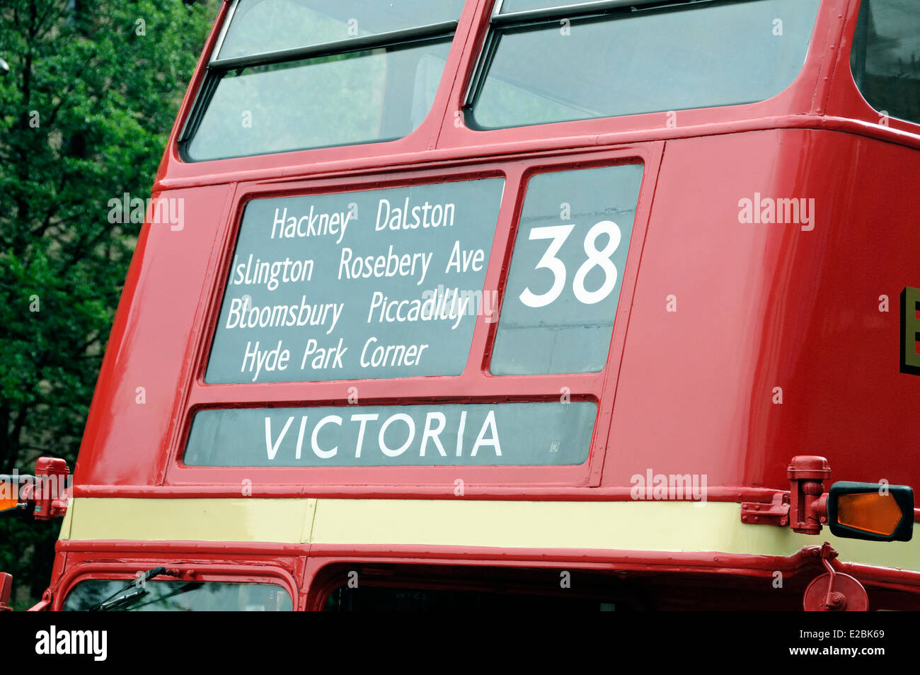 Destination sign on the front of a number 38 Routemaster bus Stock ...