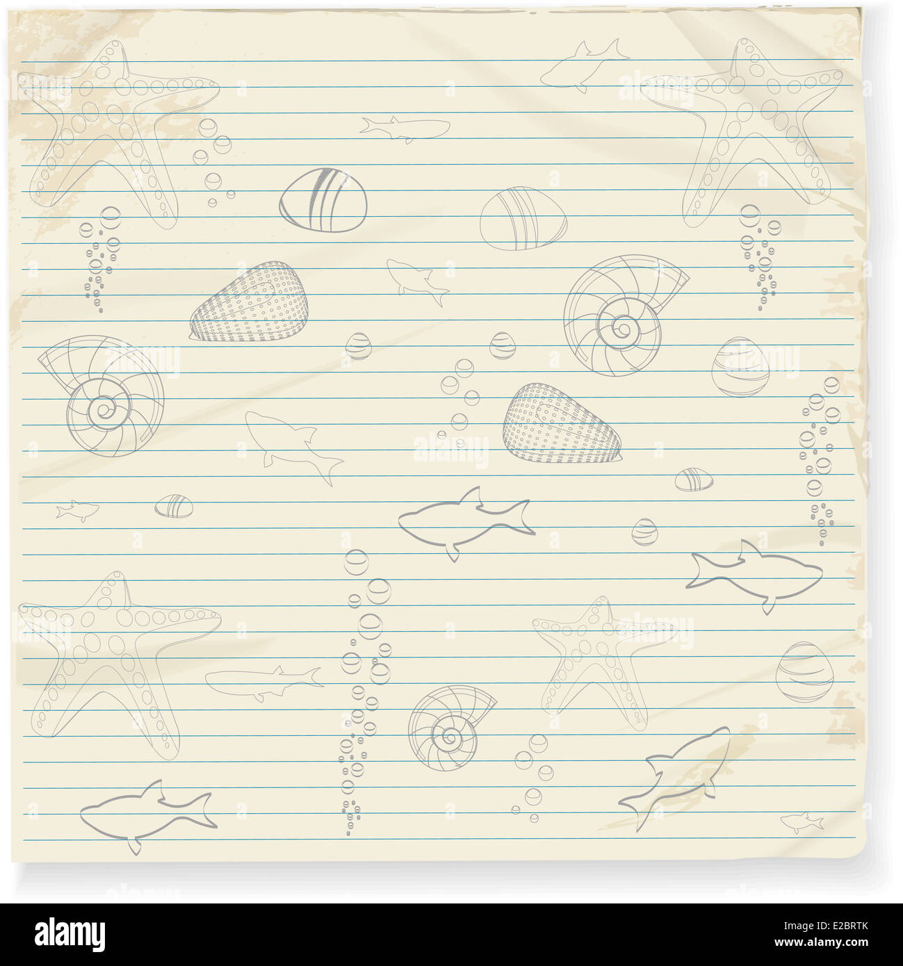 Starfish, shell, pebble and bubble doodles on crumpled lined paper ...