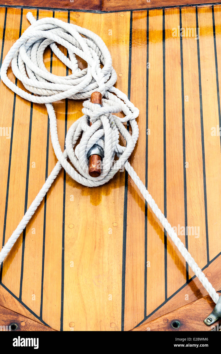 Ropes on a Vintage Wooden Boat Bow Stock Photo - Alamy
