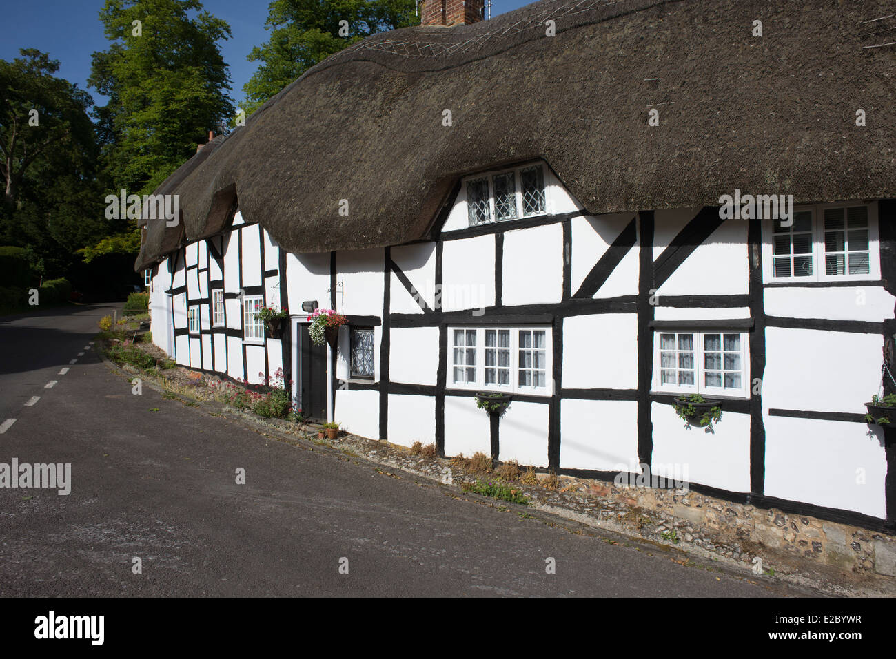 Timber framed thatched cottages Wherwell village Hampshire England UK ...
