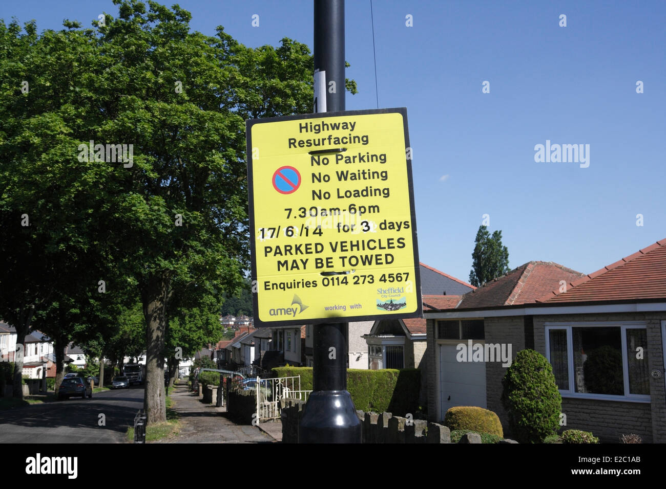 Highway resurfacing works notice in a suburban road in Sheffield Stock ...