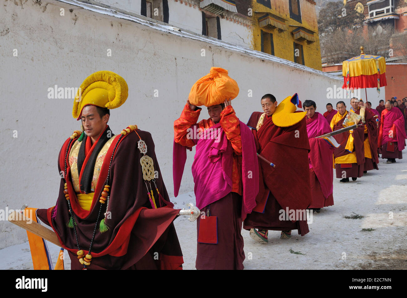 China, Gansu Province, Amdo, Xiahe, Monastery of Labrang, Losar, Monks ...