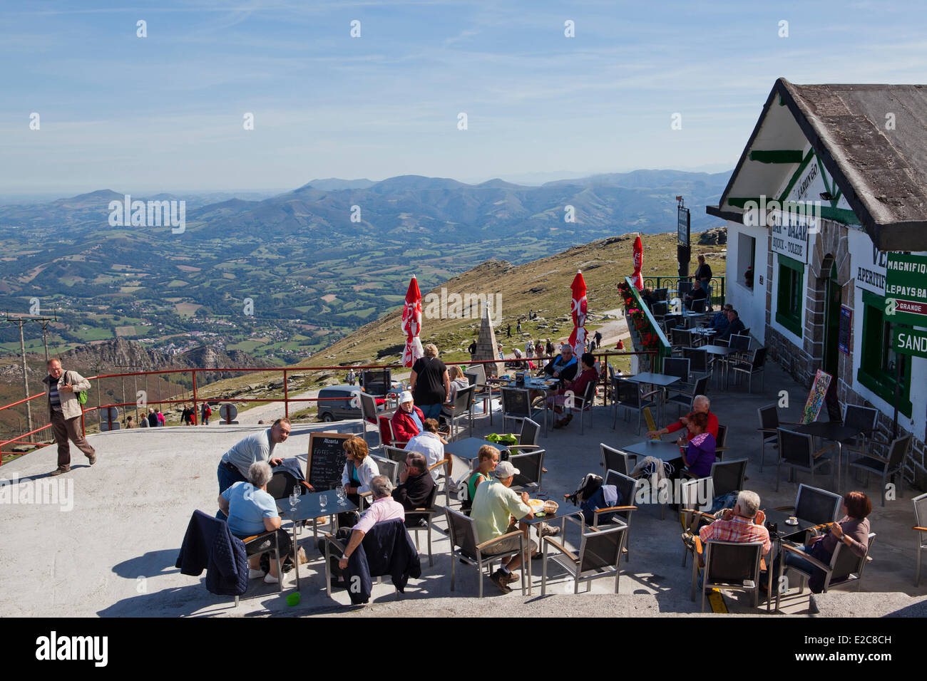 France, Pyrenees Atlantiques, cafe terrace at the top of La Rhune Stock ...