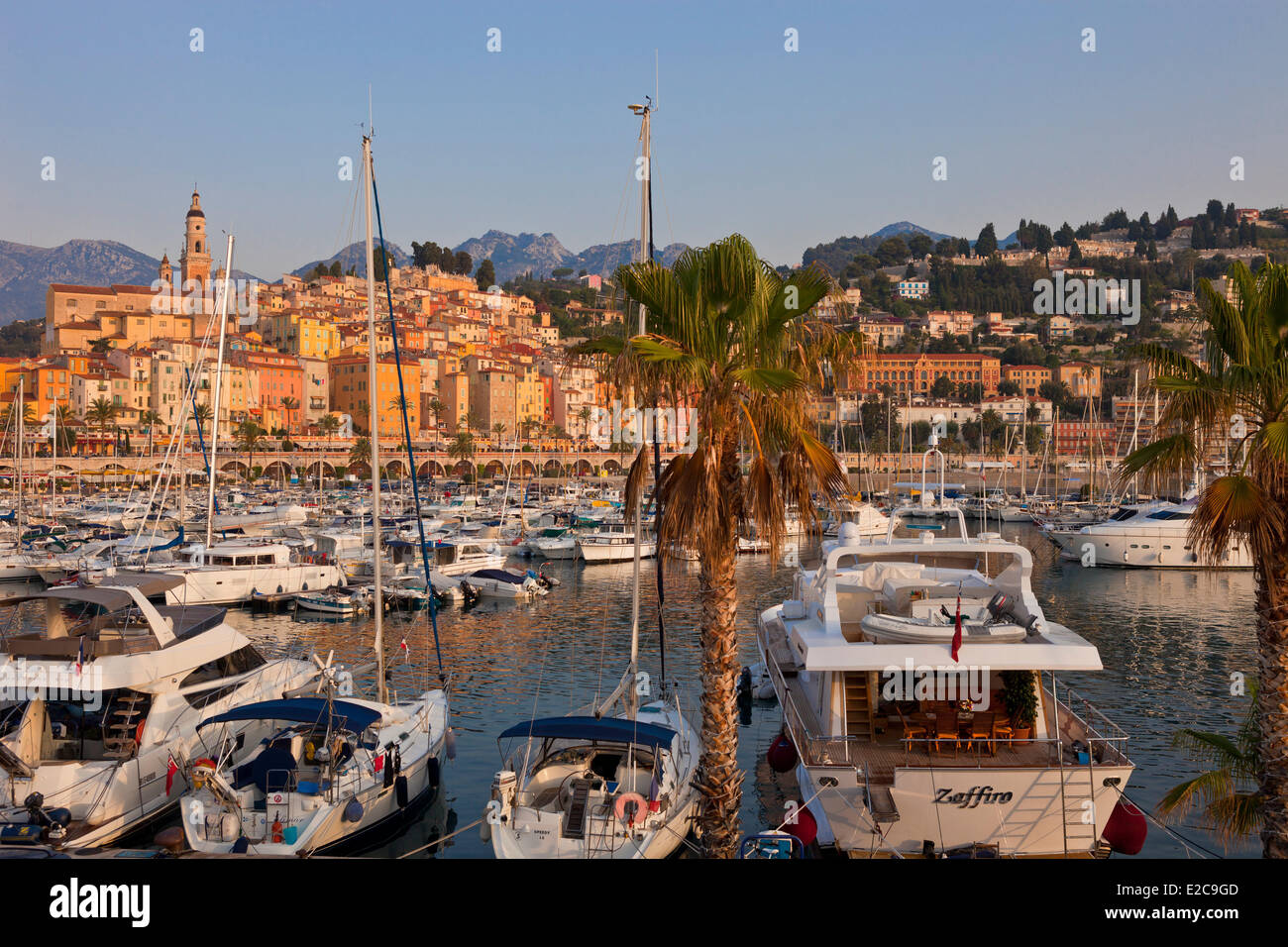 France, Alpes Maritimes, Menton, the harbor and the old town surrounded ...