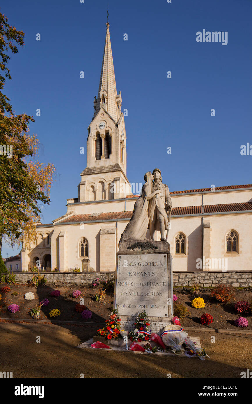 France, Landes, Rion des Landes, church and War memorial Stock Photo ...
