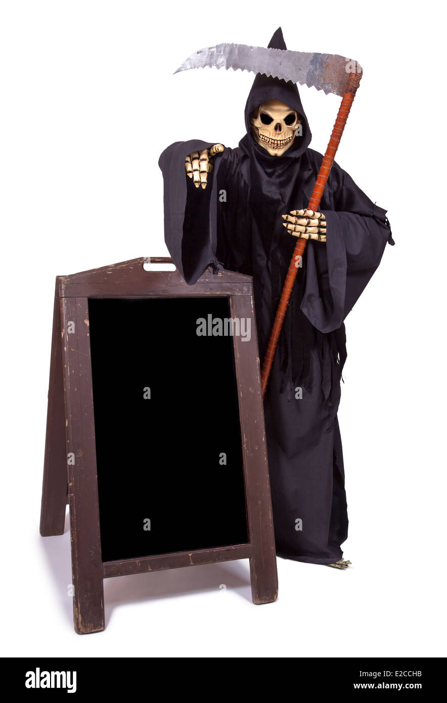 Grim Reaper standing at menu-board and points the finger forward Stock ...