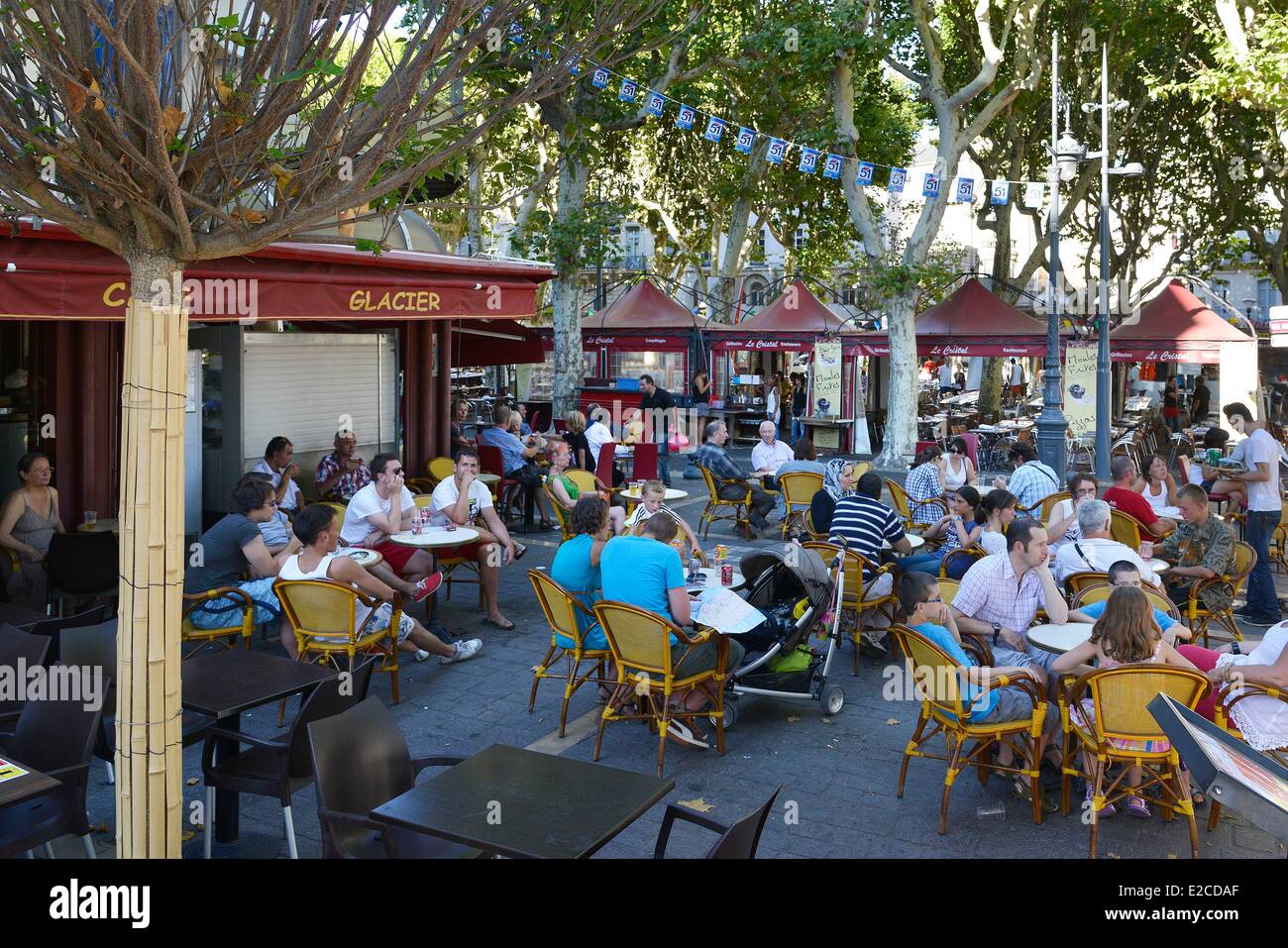 France, Herault, Beziers, Paul Riquet path, coffee terraces during ...