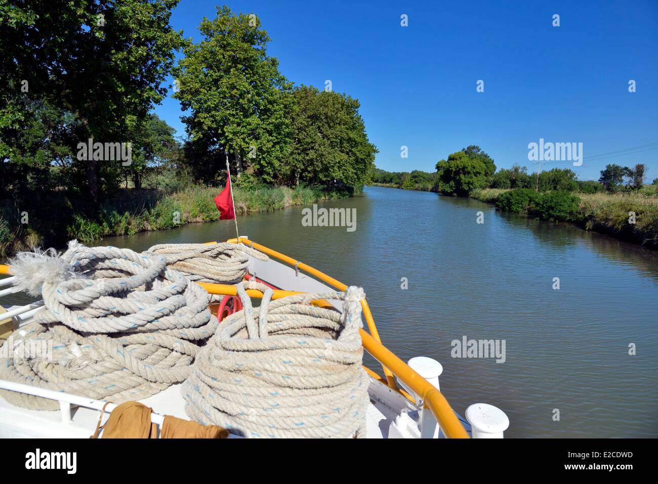 France, Herault, Cers, Canal du Midi, UNESCO, ropes rolled up on bow of ...