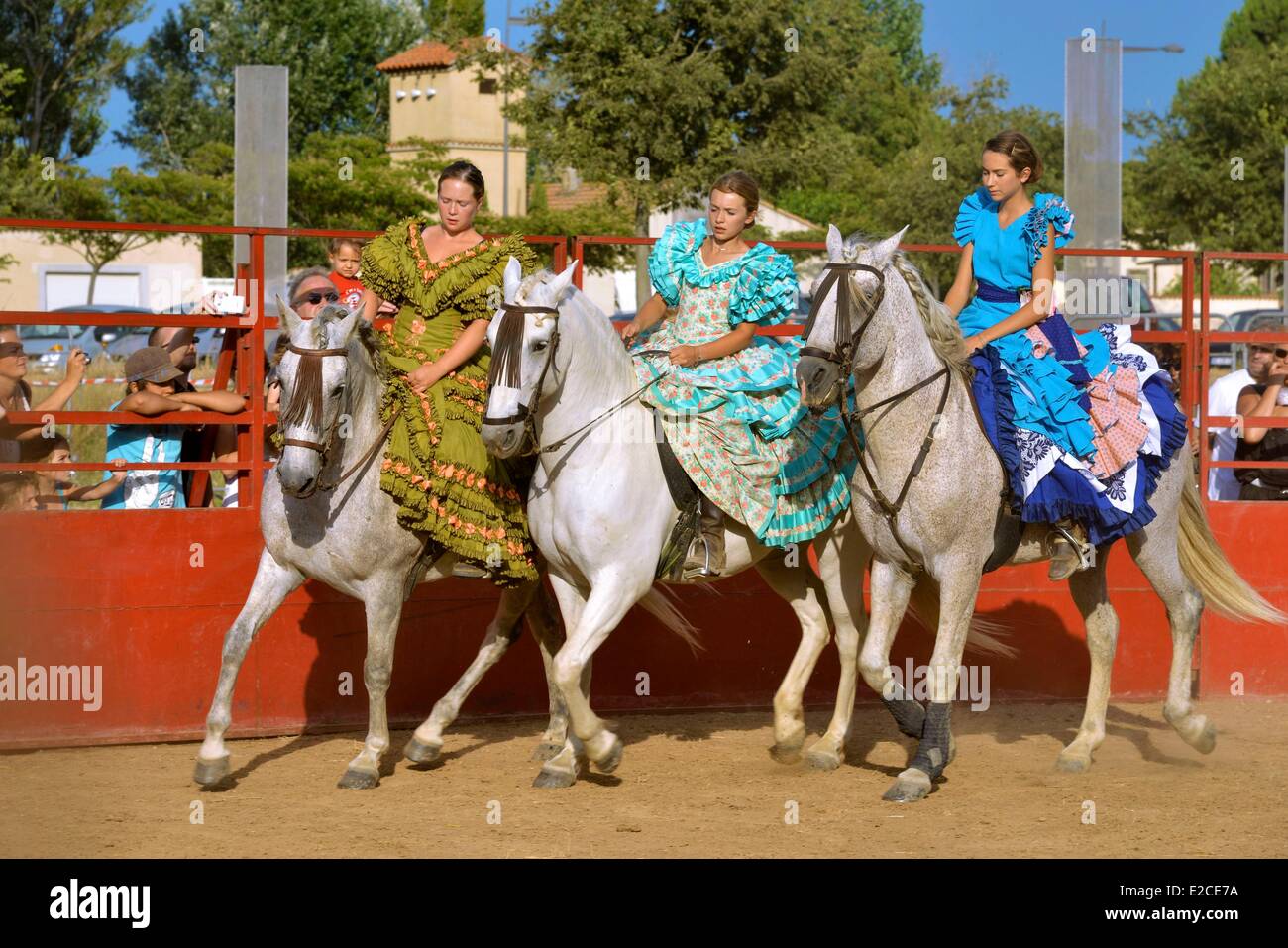 France, Herault, Serignan, annual feria, riders and horses of bulls ...